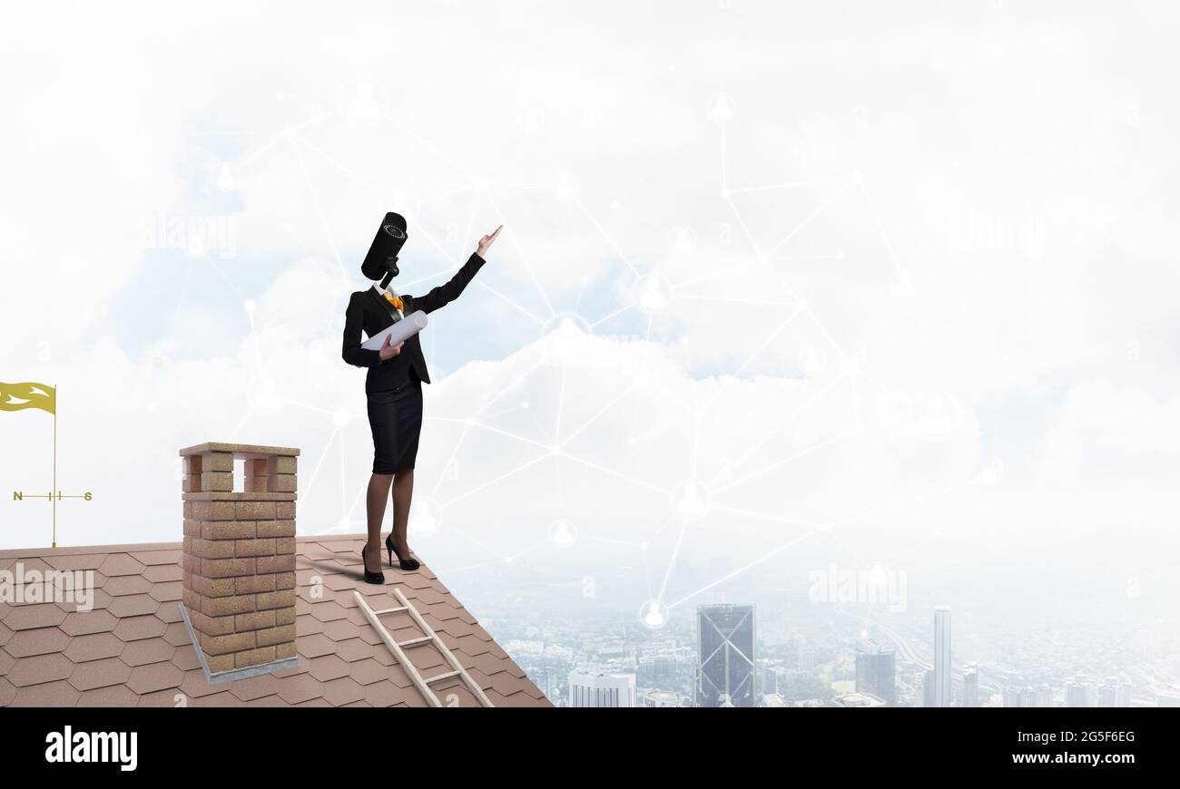 Concept of security and privacy protection with camera headed woman ...