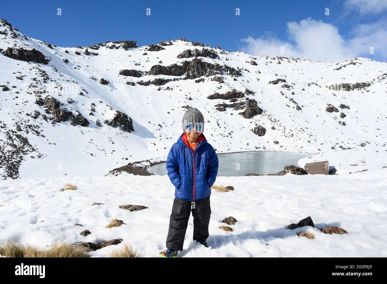 Smart boy in snow with jacket and coolers Stock Photo - Alamy