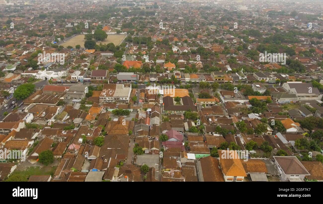 cityscape Yogyakarta with buildings, highway at sunset time. aerial ...