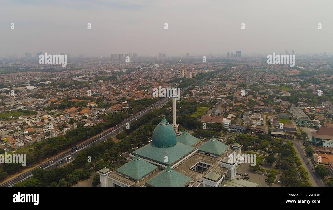aerial view cityscape city Surabaya with mosque Al Akbar, highway ...