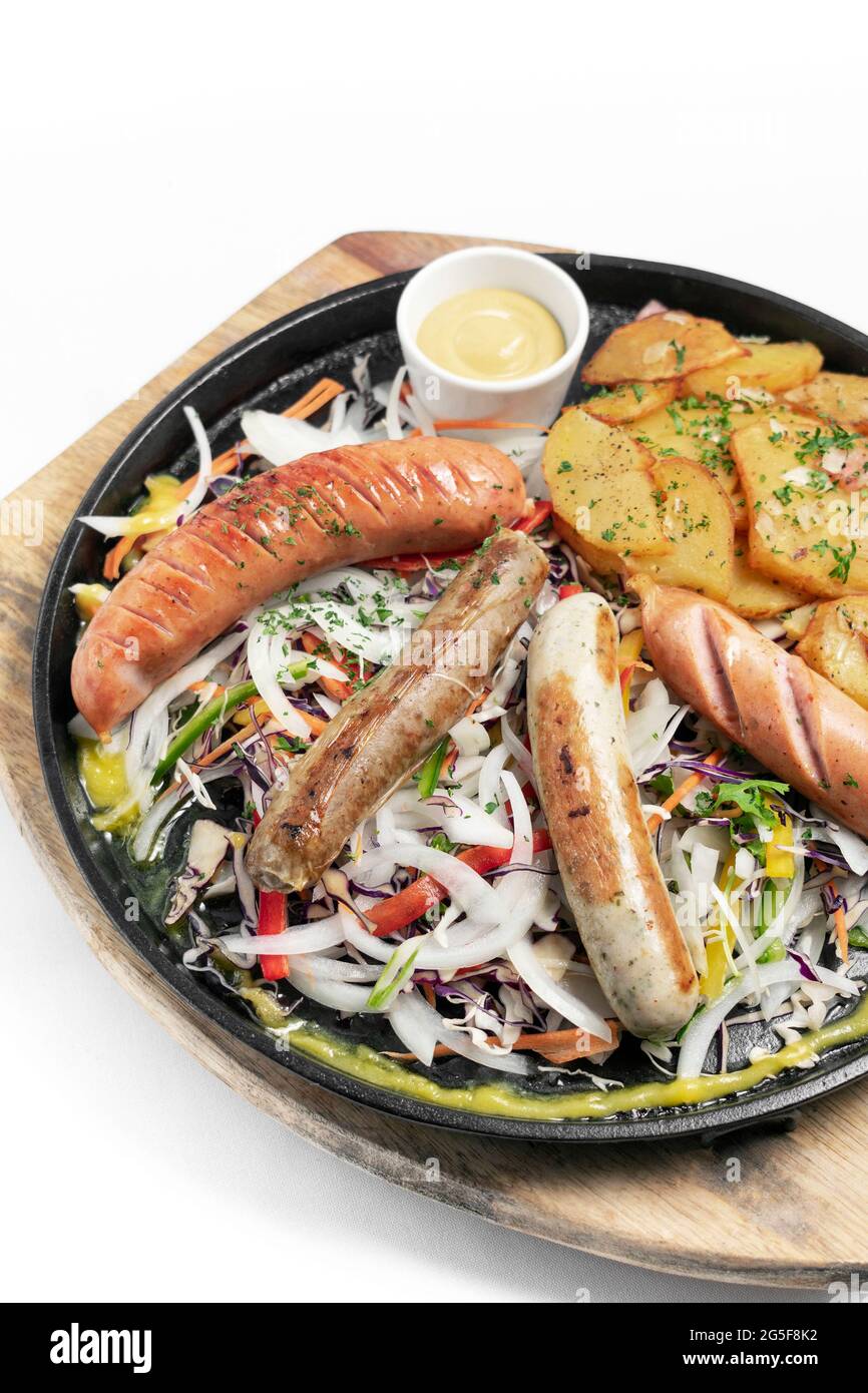 mixed german traditional organic sausage and potato meal platter ...