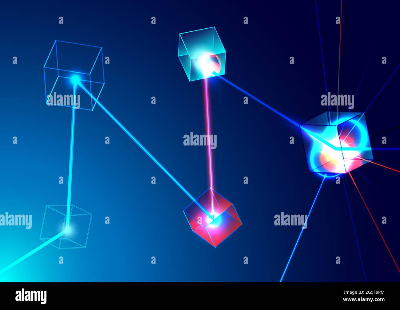 Abstract neon background. Laser is shooting to the cube. Science ...