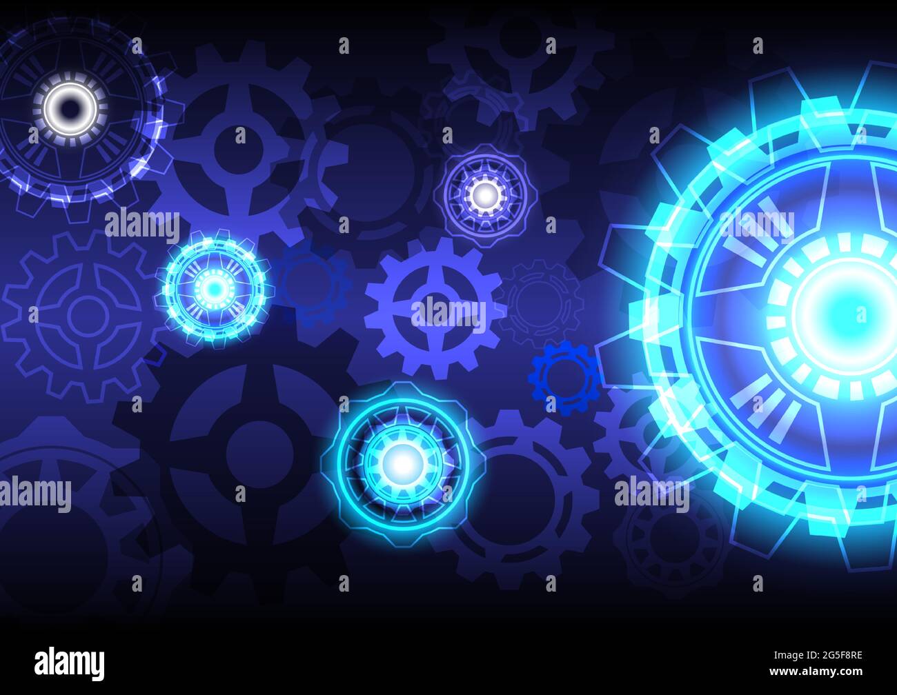 Blue light neon. Abstract gear digital hi-tech background. Virtual ...