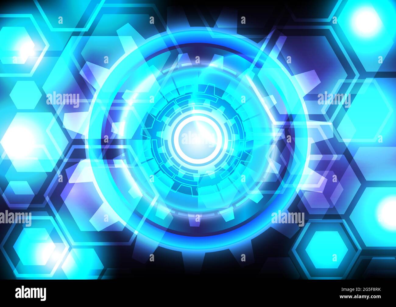 Blue light neon. Abstract gear and hexagon digital hi-tech background ...