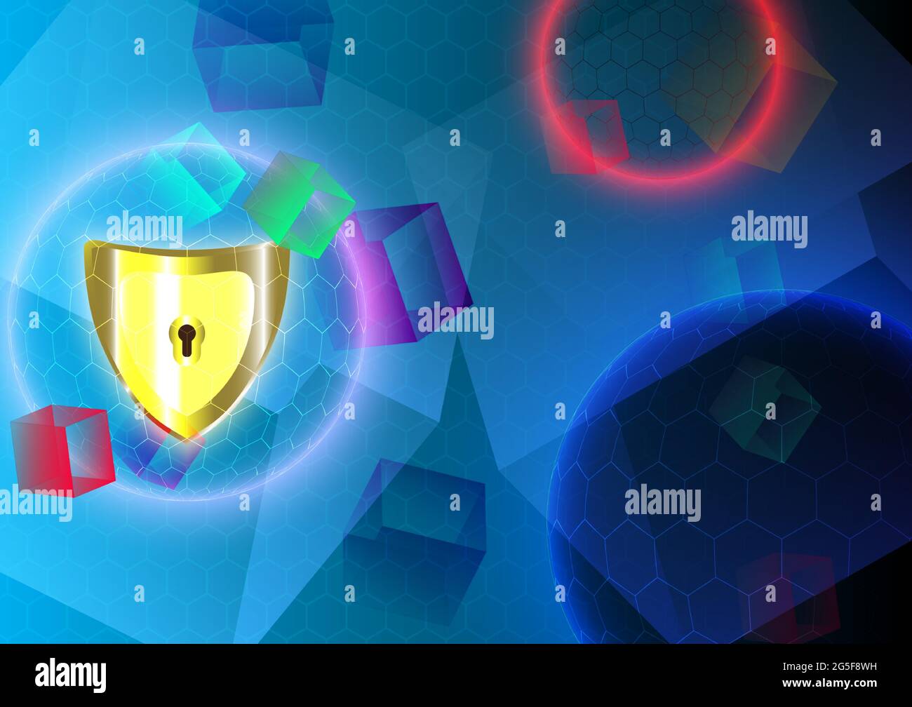 Golden shield, sphere and cube. Protect and scurity of safe concept ...
