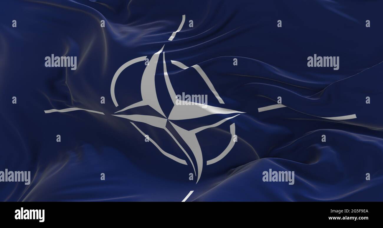 Flag of NATO waving in the wind on flagpole. Close up. 3D illustration ...