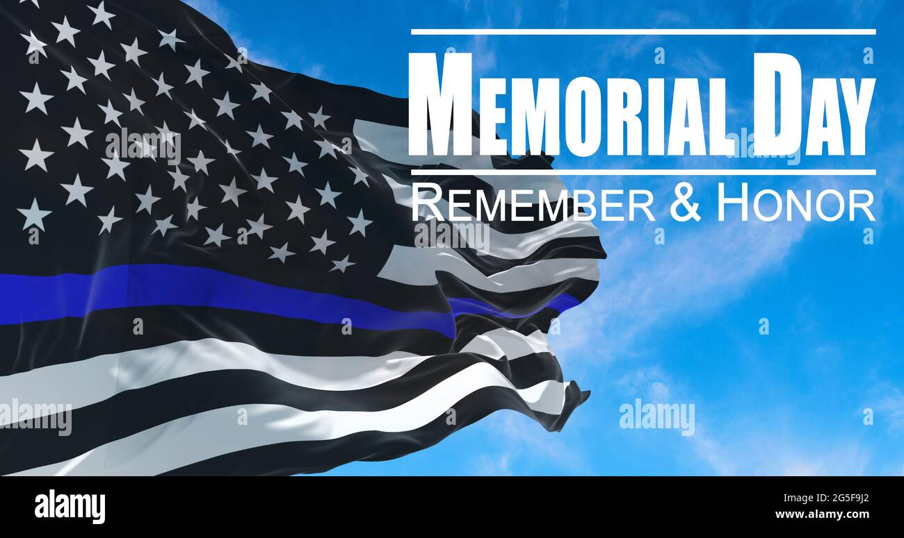 Thin Blue Line. Black Flag of USA with Police Blue Line waving in the ...