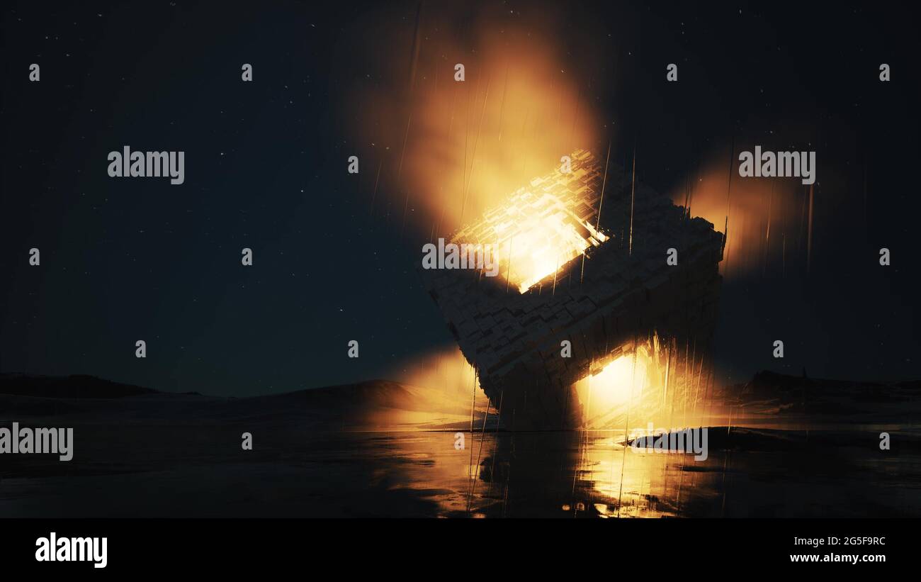 Rain night metal cube Sci fi landscape alien planet 3d render Stock ...