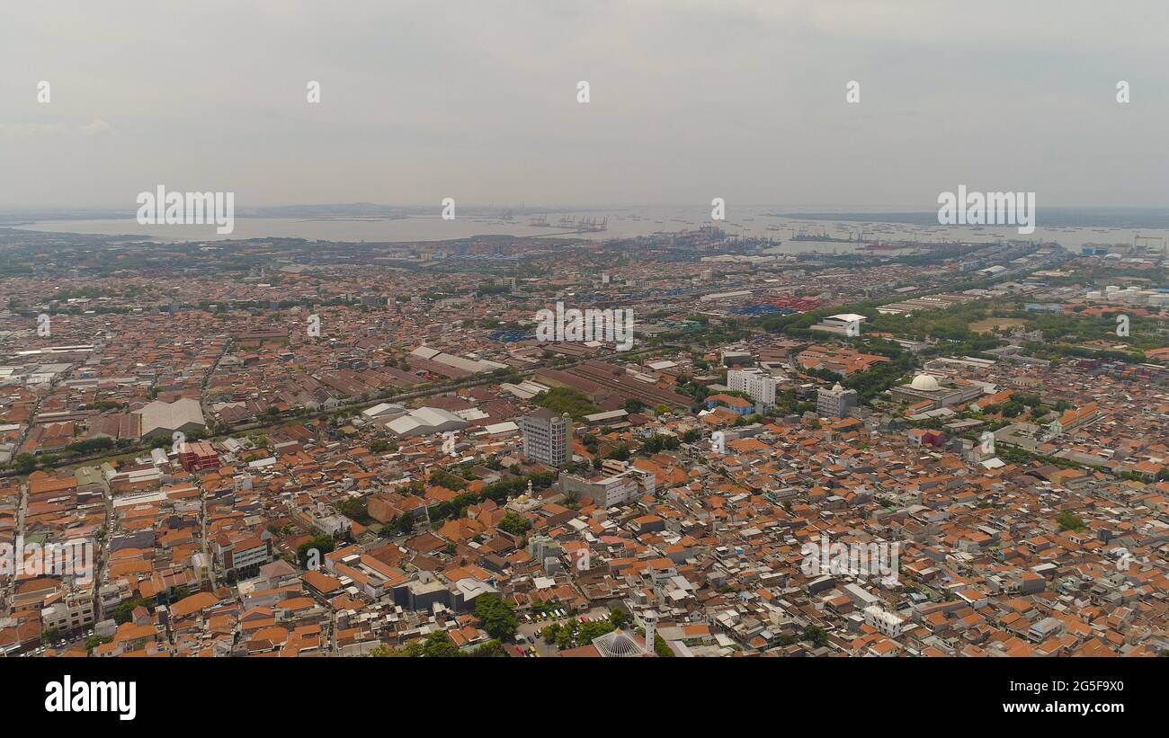 Aerial cityscape densely built asian city, seaport. urban environment ...