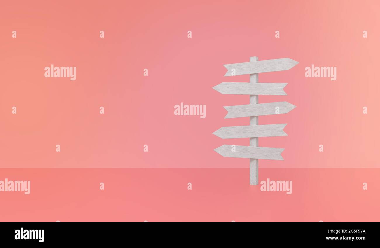 White crossroads signage pointing different directions on pink ...