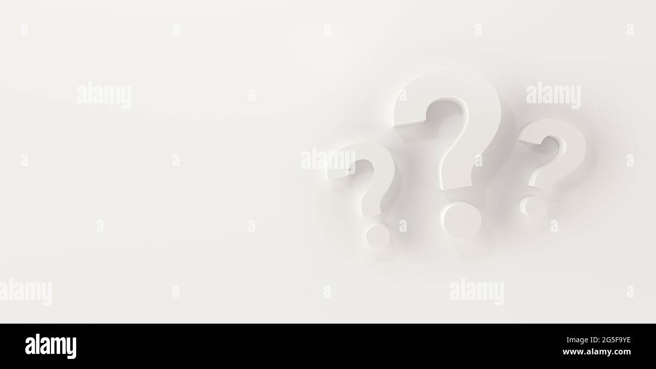 Three question marks in panoramic white studio background. 3d rendering ...