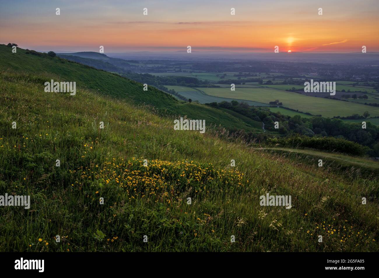 June sunset from Ditchling beacon on the south downs east Sussex south ...