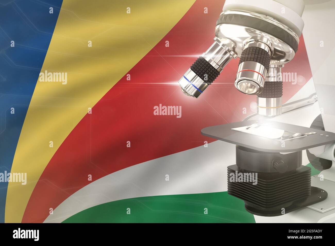 Microscope on Seychelles flag background - science development concept ...