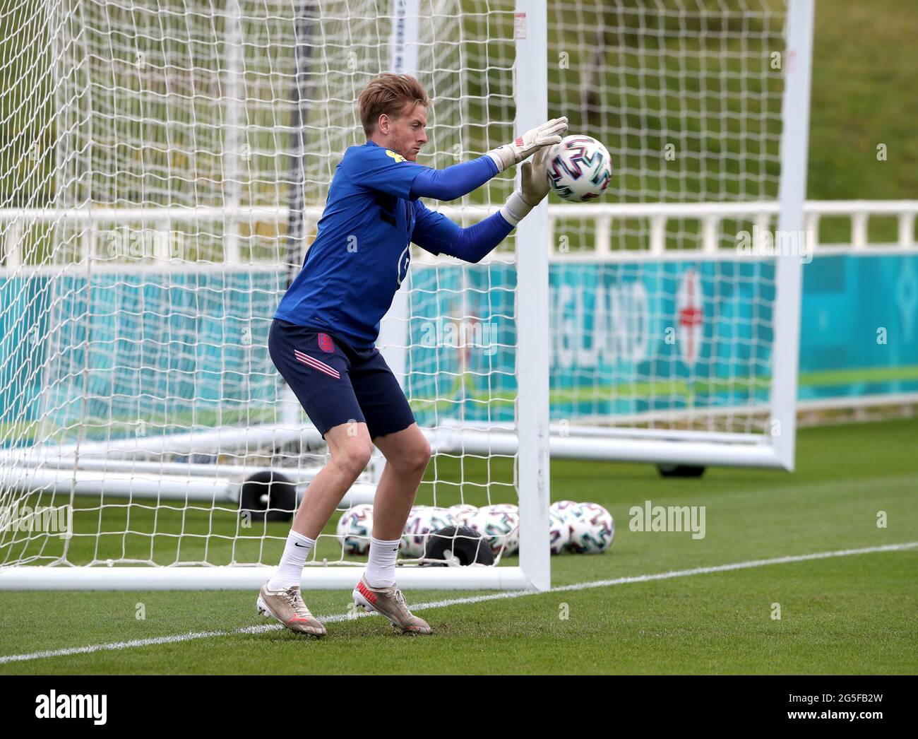 England goalkeeper Jordan Pickford during a training session at St ...