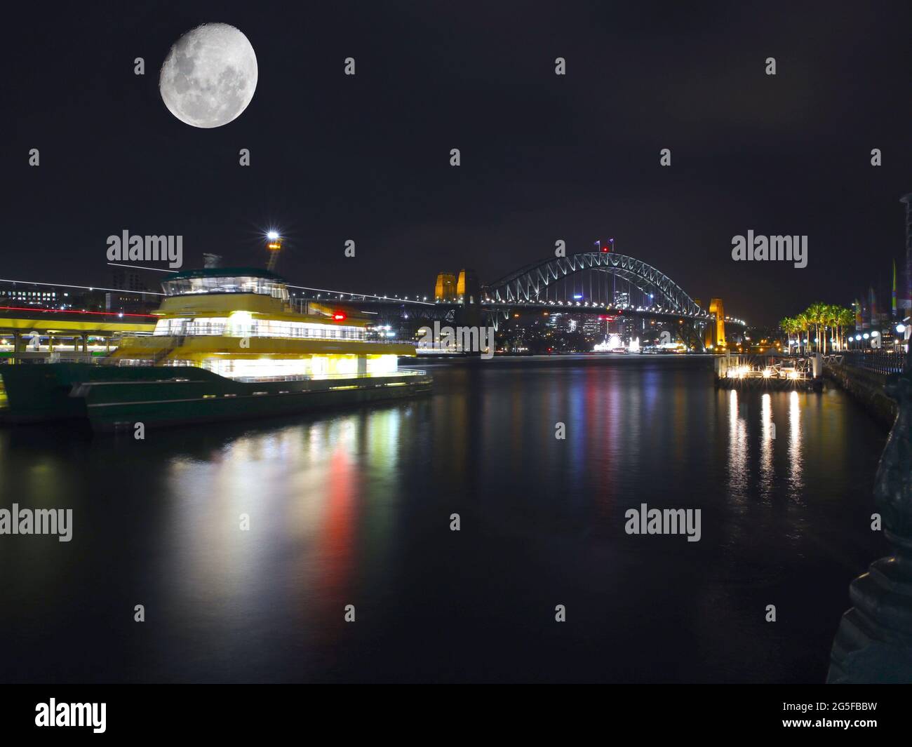 Panorama view of Sydney Harbour at night with large full moon in the ...