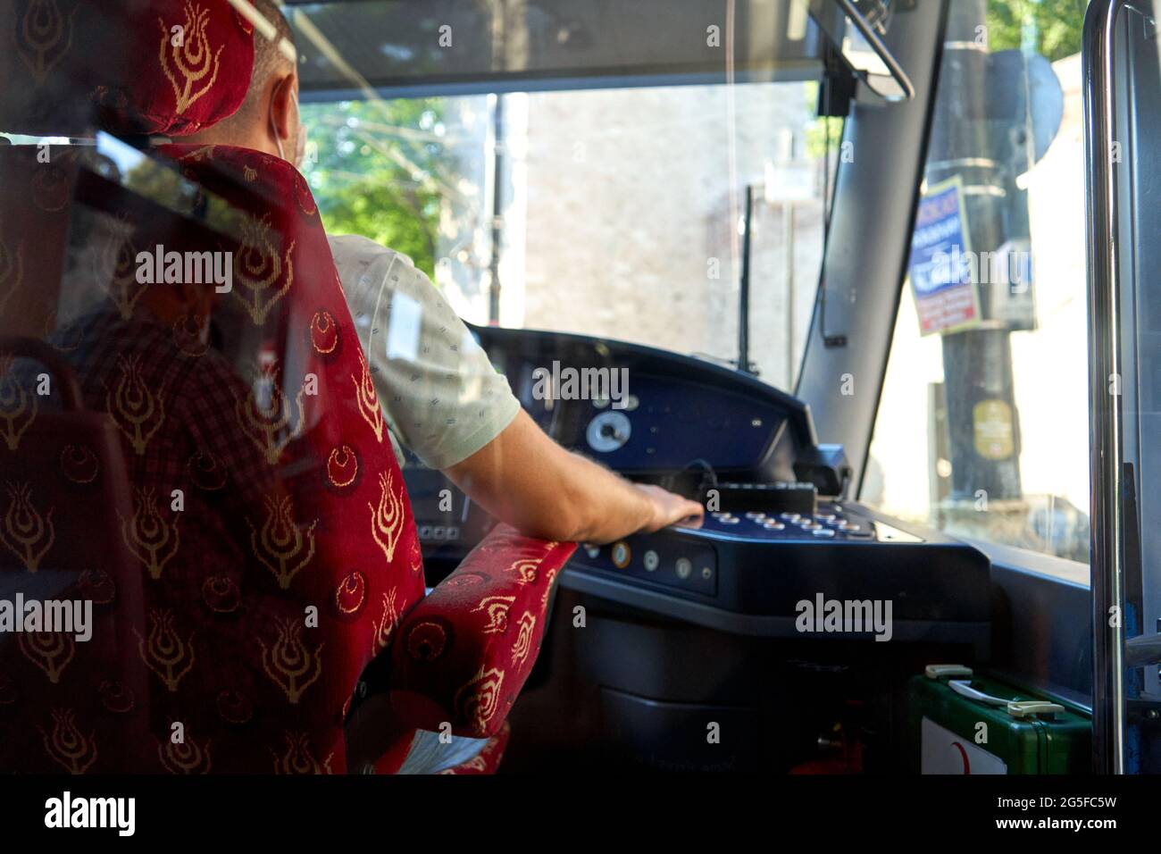Cabin of modern tramm. Tramm driver driving on tramm through city ...