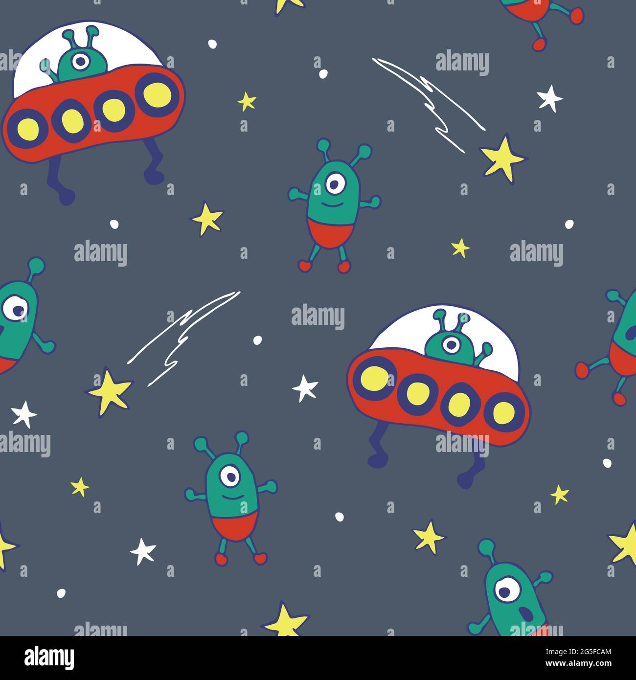 Seamless vector pattern with cartoon aliens on grey background. UFO ...