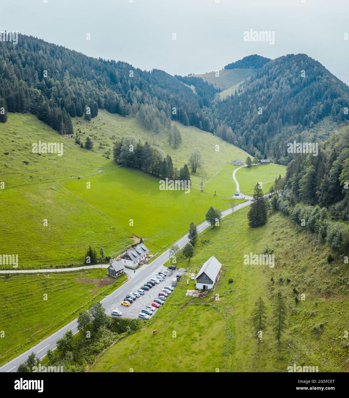 Aerial view mountain and forest landscape of alps with chalet and road ...
