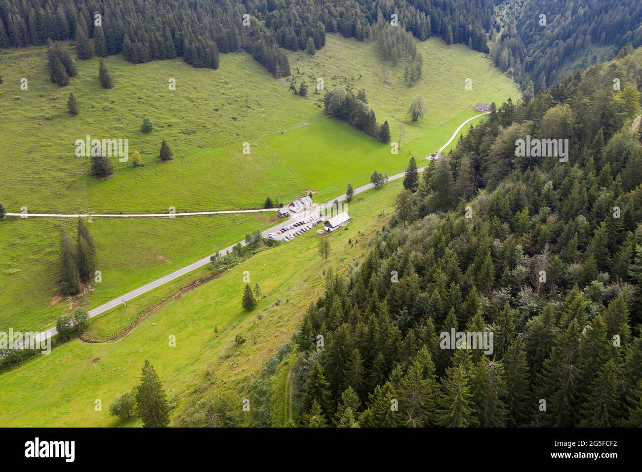 Aerial view mountain and forest landscape of alps with chalet and road ...
