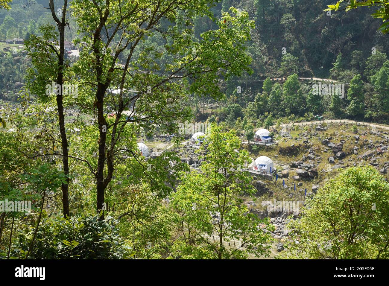 Ariel view of Igloo tent house home stay , on levees and green forest ...