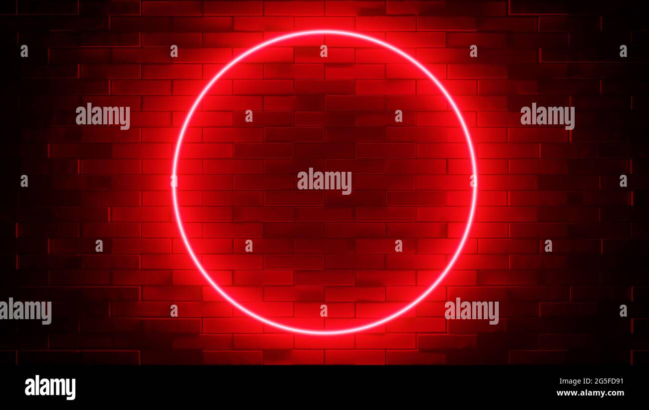 Neon sign on a brick wall. Glowing red circle. Abstract background ...