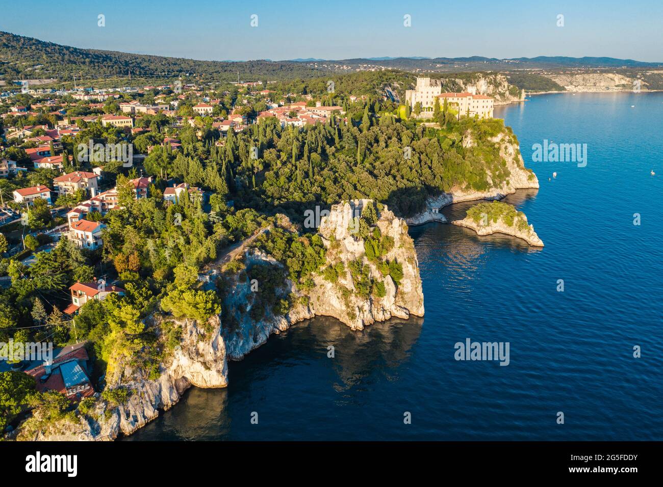 High cliffs with ancient castles in Duino, Italy aerial view Stock ...
