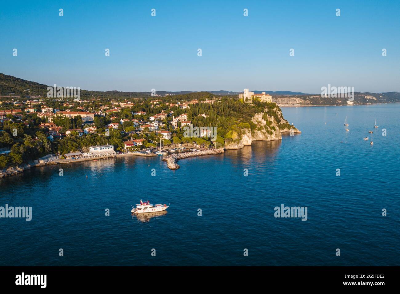 High cliffs with ancient castles in Duino, Italy aerial view Stock ...