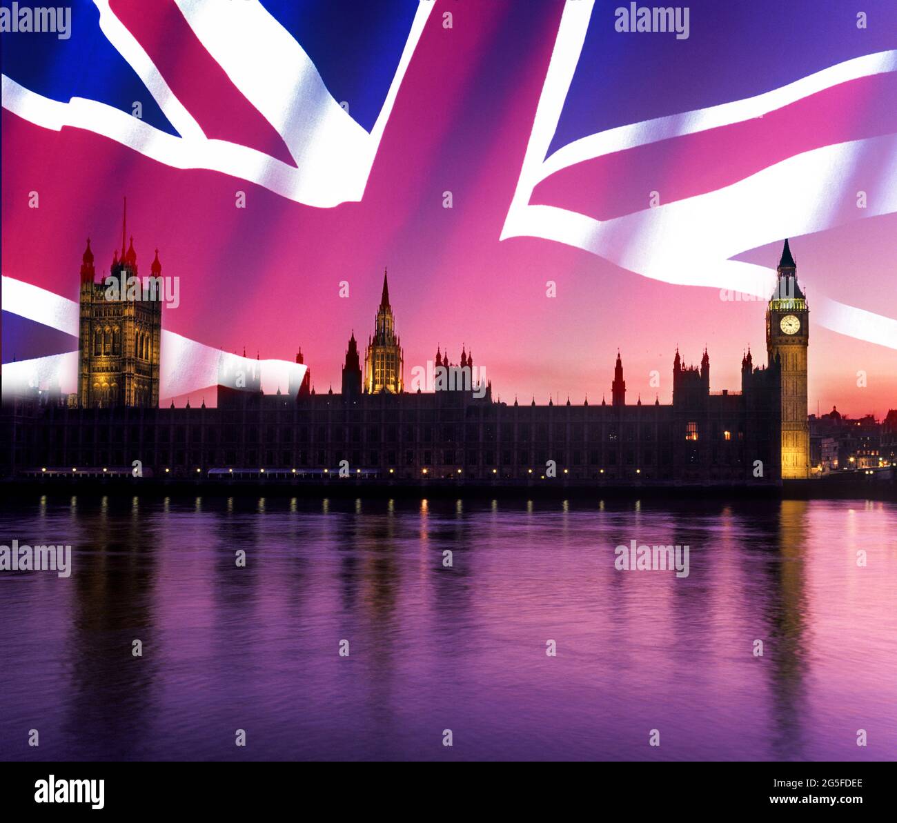 COMPOSITE GIANT UNION JACK FLAG ABOVE HOUSES OF PARLIAMENT RIVER THAMES ...