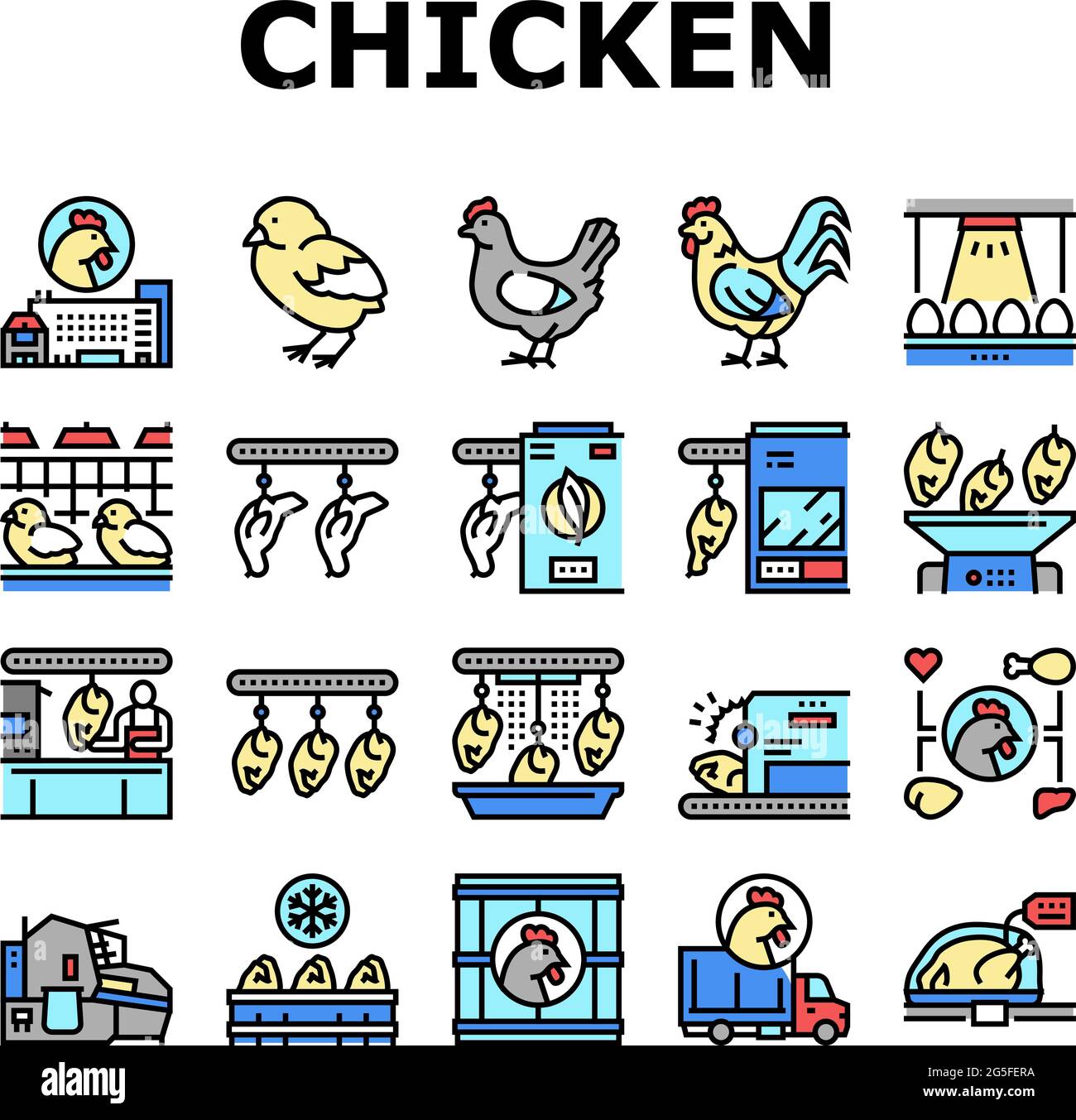 Chicken Meat Factory Collection Icons Set Vector Stock Vector Image ...