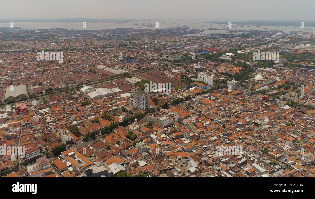 Aerial cityscape densely built asian city, seaport. urban environment ...