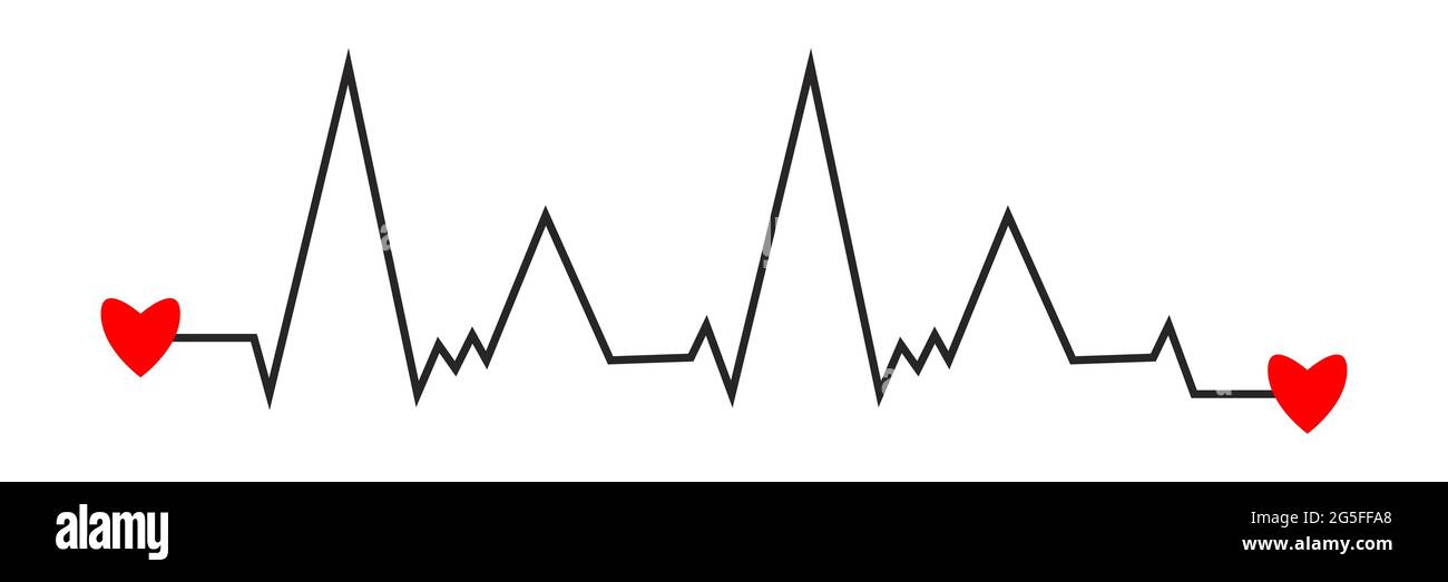 Heart beat cardiogram black line. Two red hearts at beginning and end ... Heart beat cardiogram black line. Two red hearts at beginning and end ...