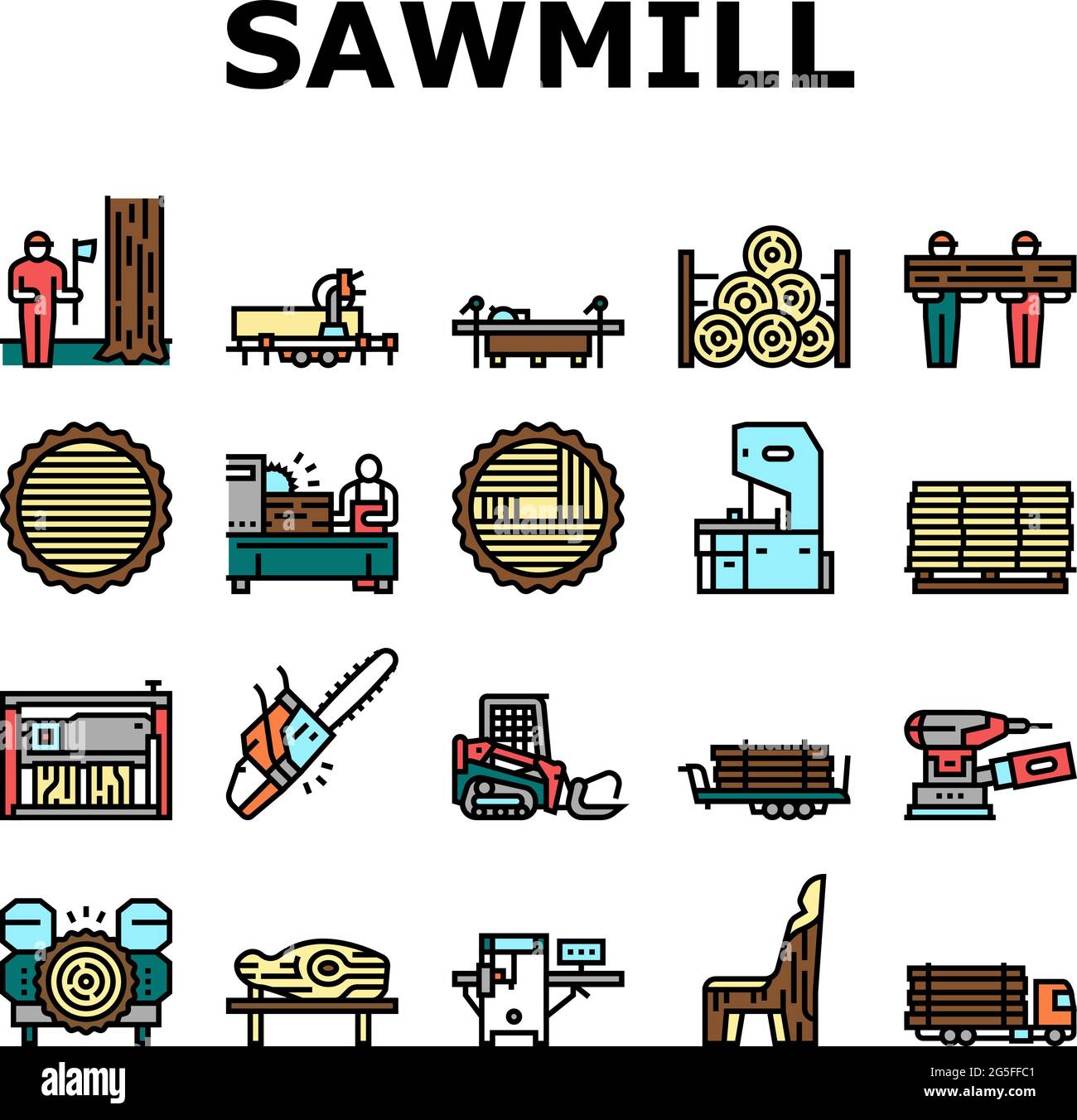 Sawmill Cut Service Collection Icons Set Vector Stock Vector Image ...