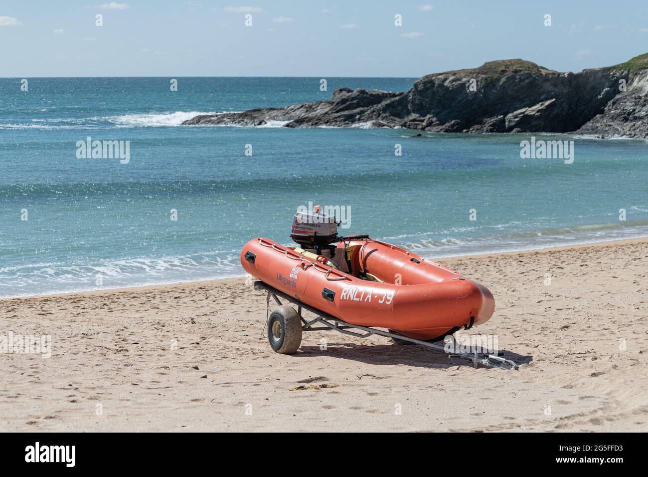 close up of an RNLI rescue inflatable on Constantine Bay beach, North ...