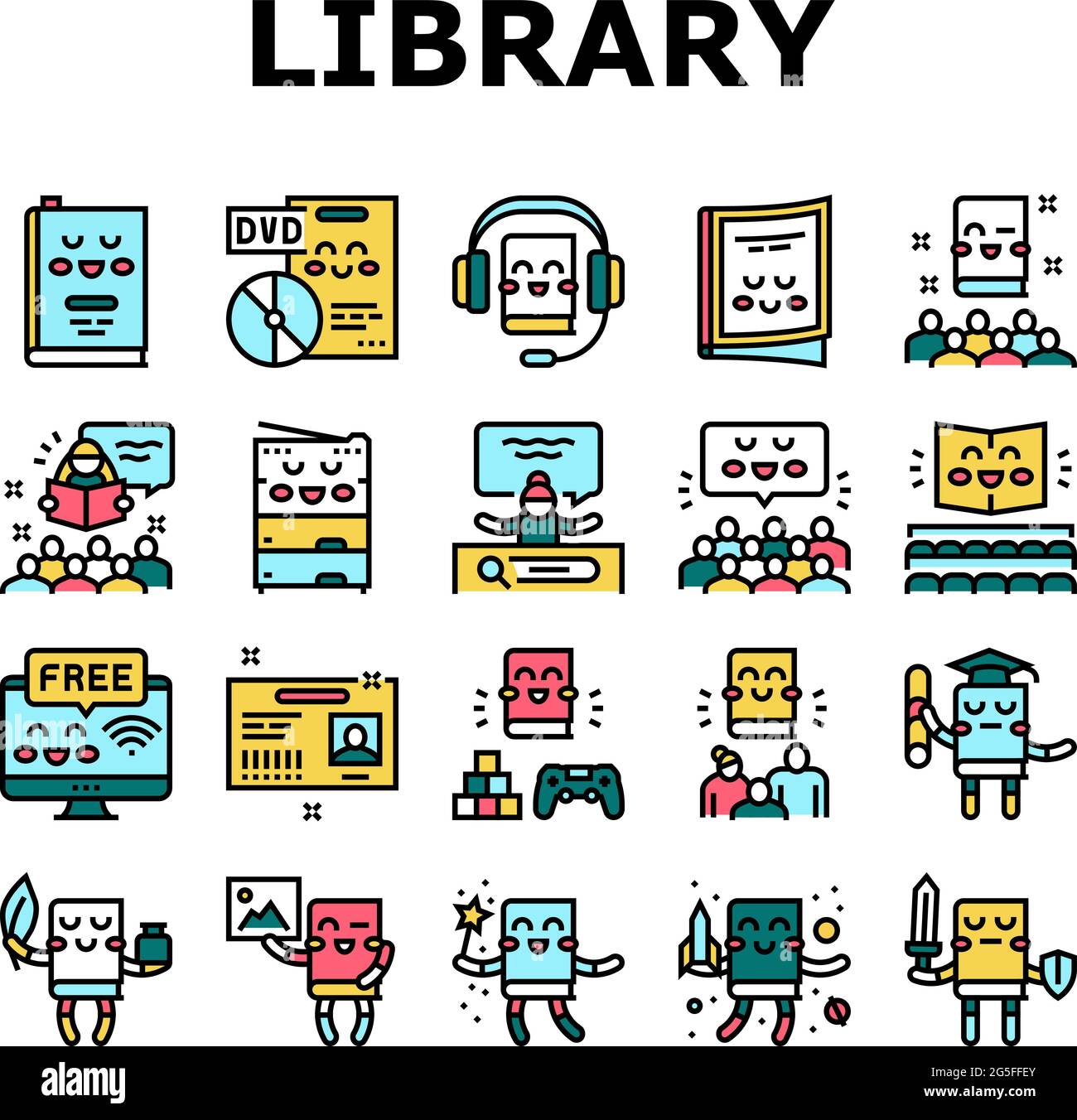 Children Library Read Collection Icons Set Vector Stock Vector Image ...