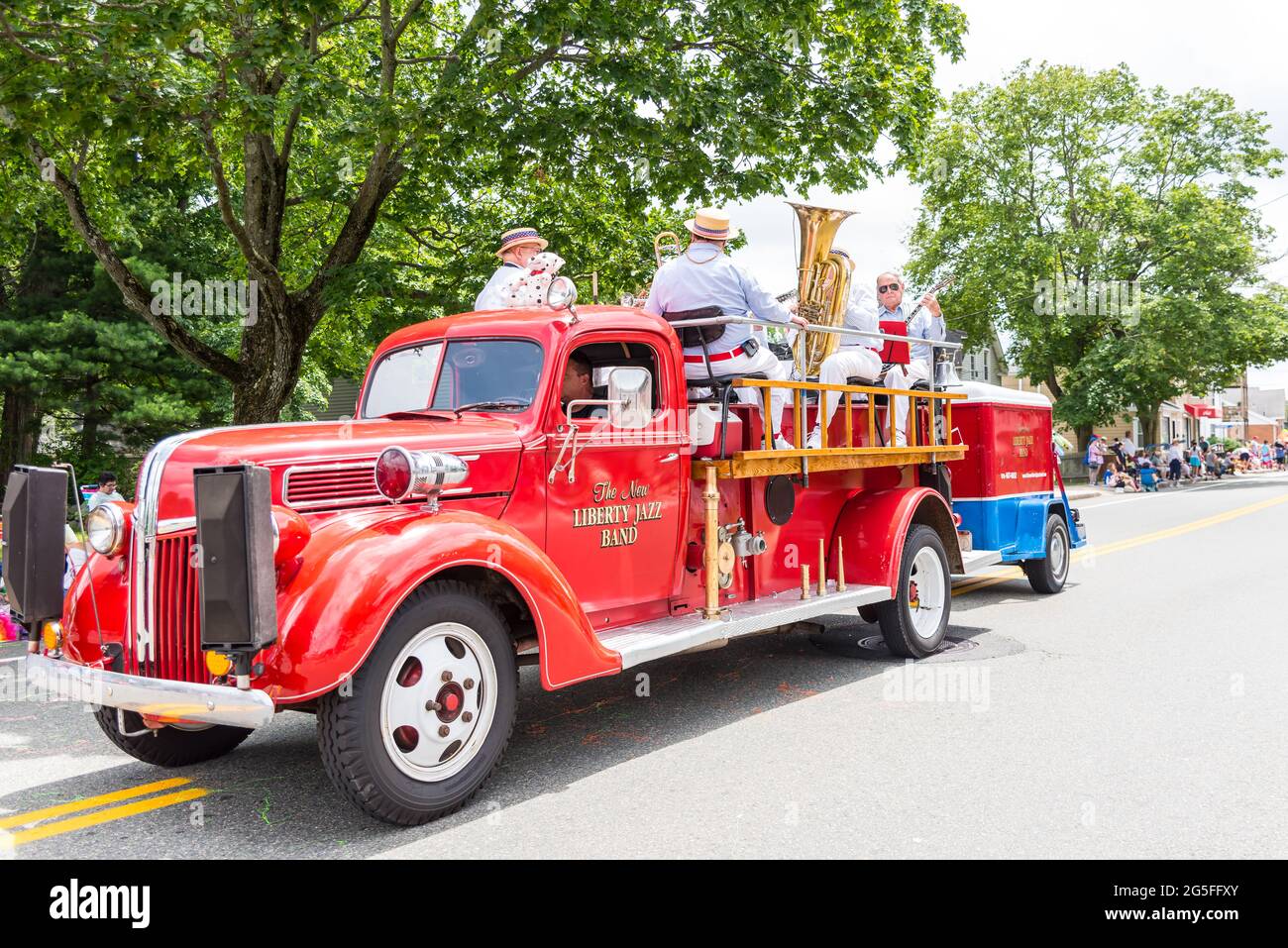 Liberty Jazz Band in a vintage fire truck at the 2021 Braintree 4th of ...