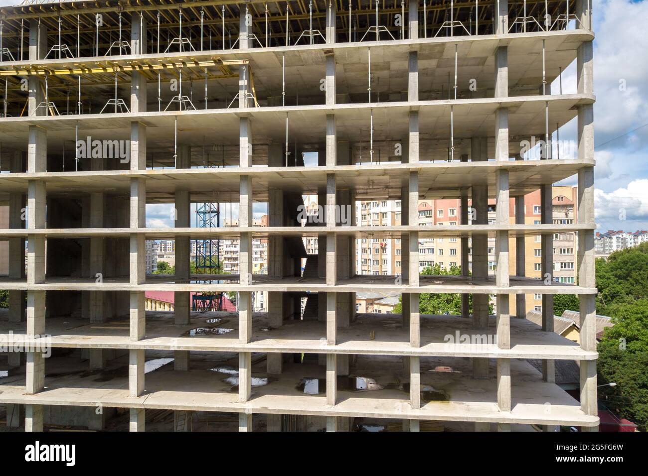 Aerial view of high frame of monolithic concrete building under ...
