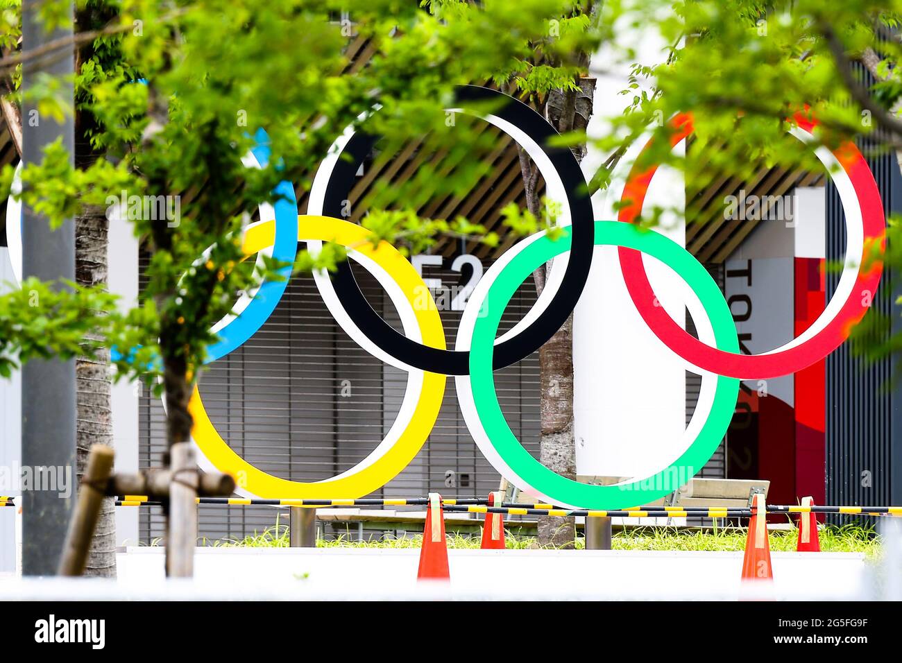 The Olympic emblem is installed on the under-construction New National ...