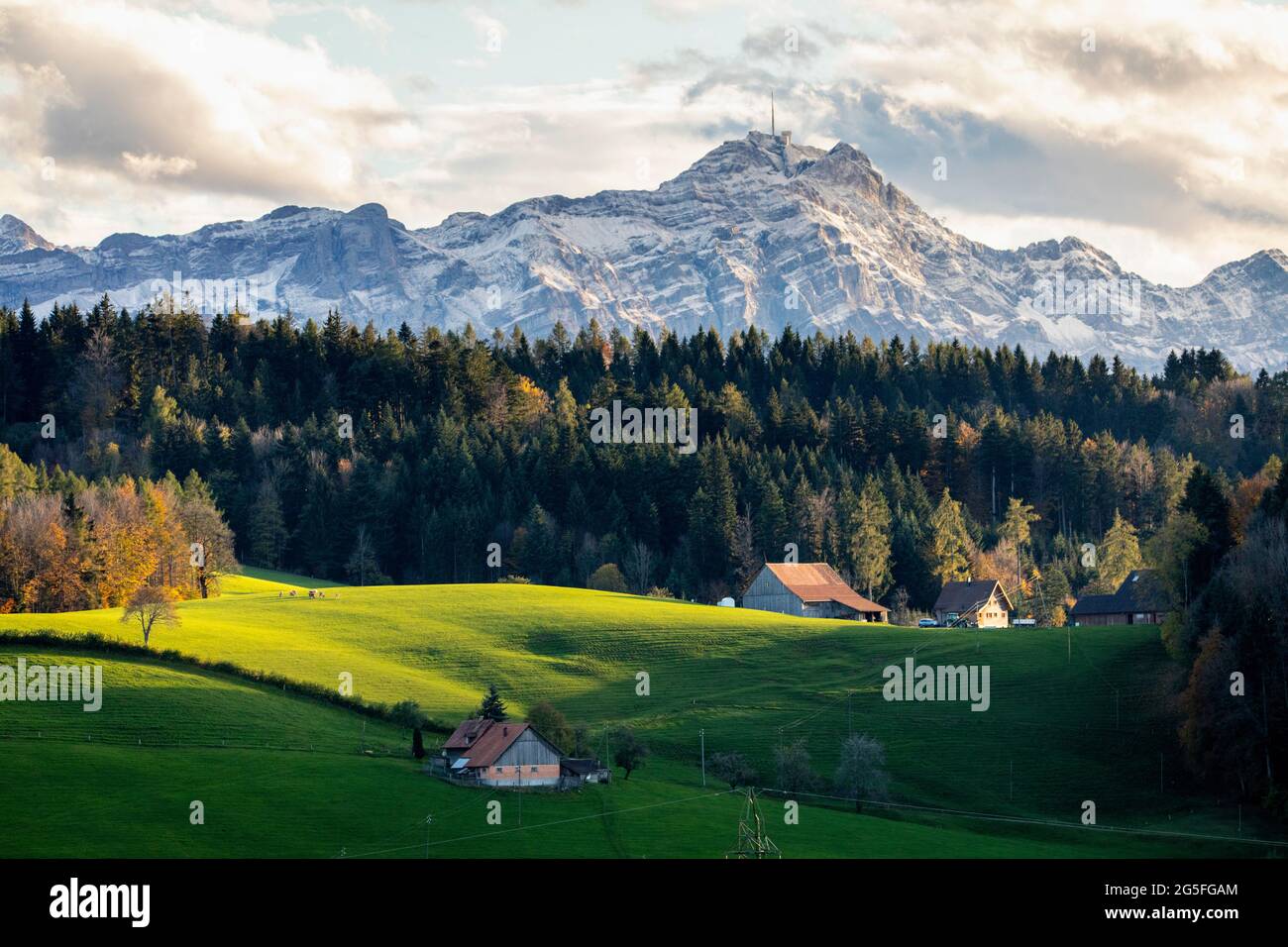 Idyllic farm land, mountains and forests surround the Swiss city of St ...