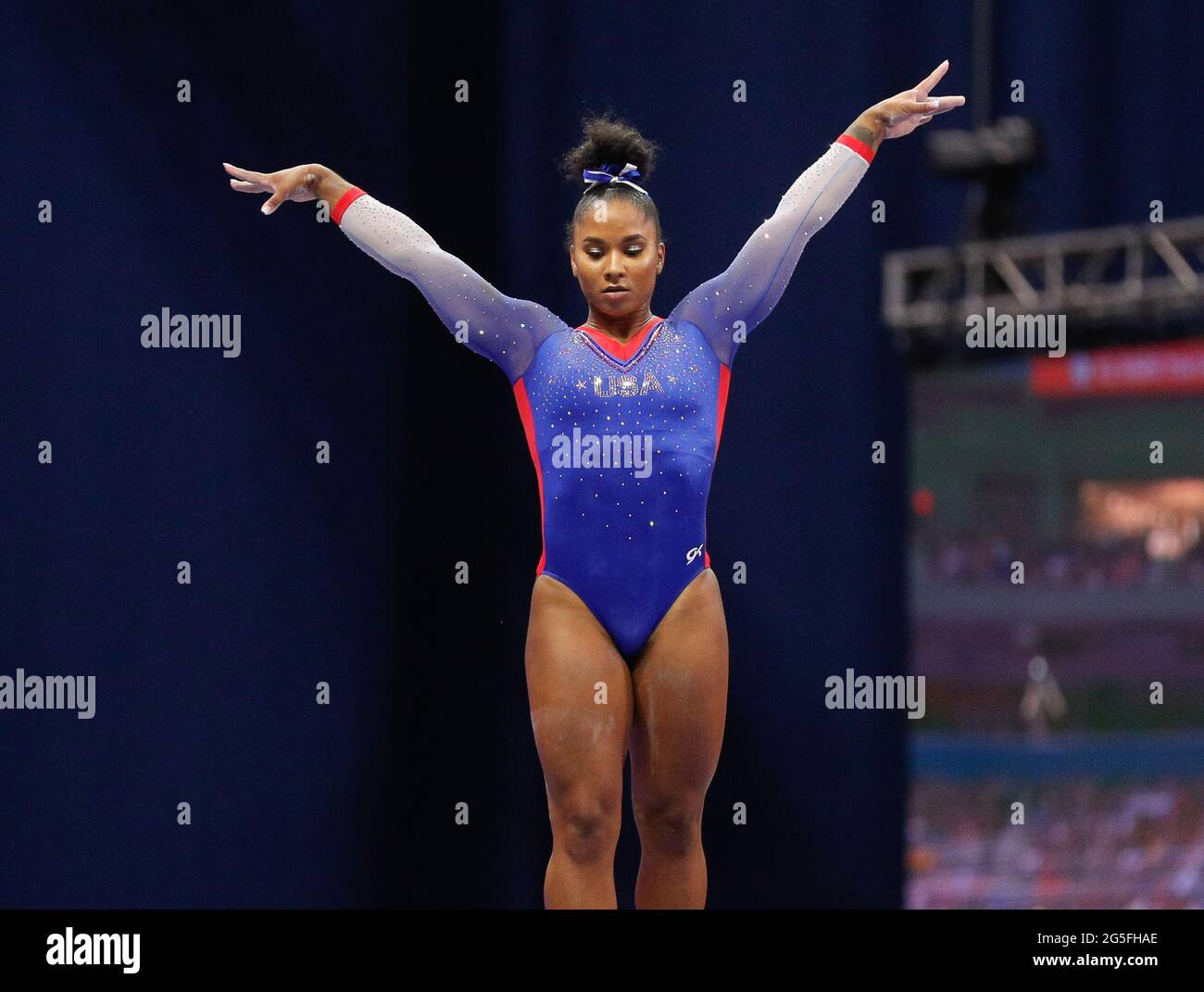 June 25, 2021: Jordan Chiles performs on the balance beam during Day 1 ...