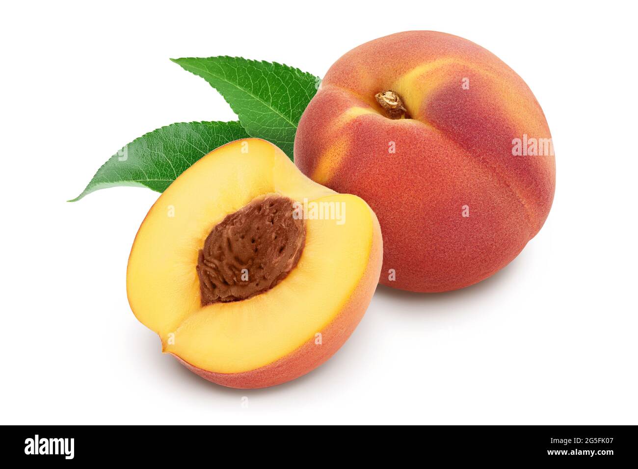 Ripe peach fruit and half isolated on white background with clipping ...