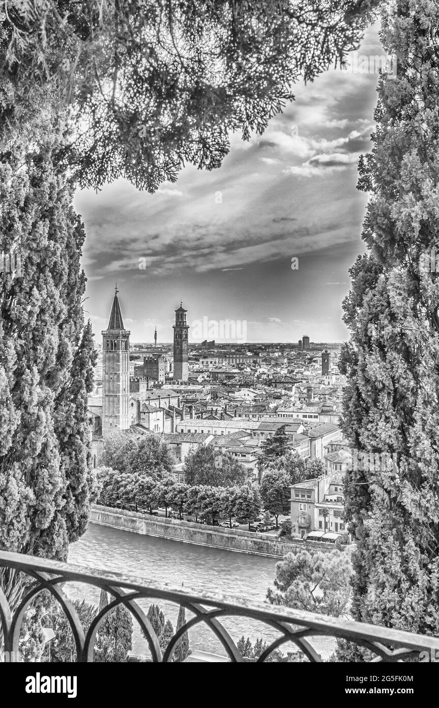 Panoramic aerial view over central Verona and the Adige River, Italy ...