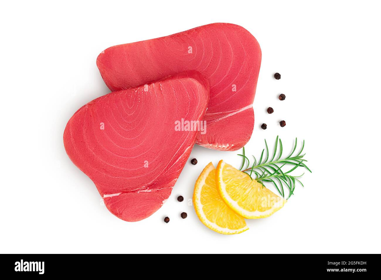 Fresh tuna fish fillet steak with rosemary, lemon and peppercorns ...