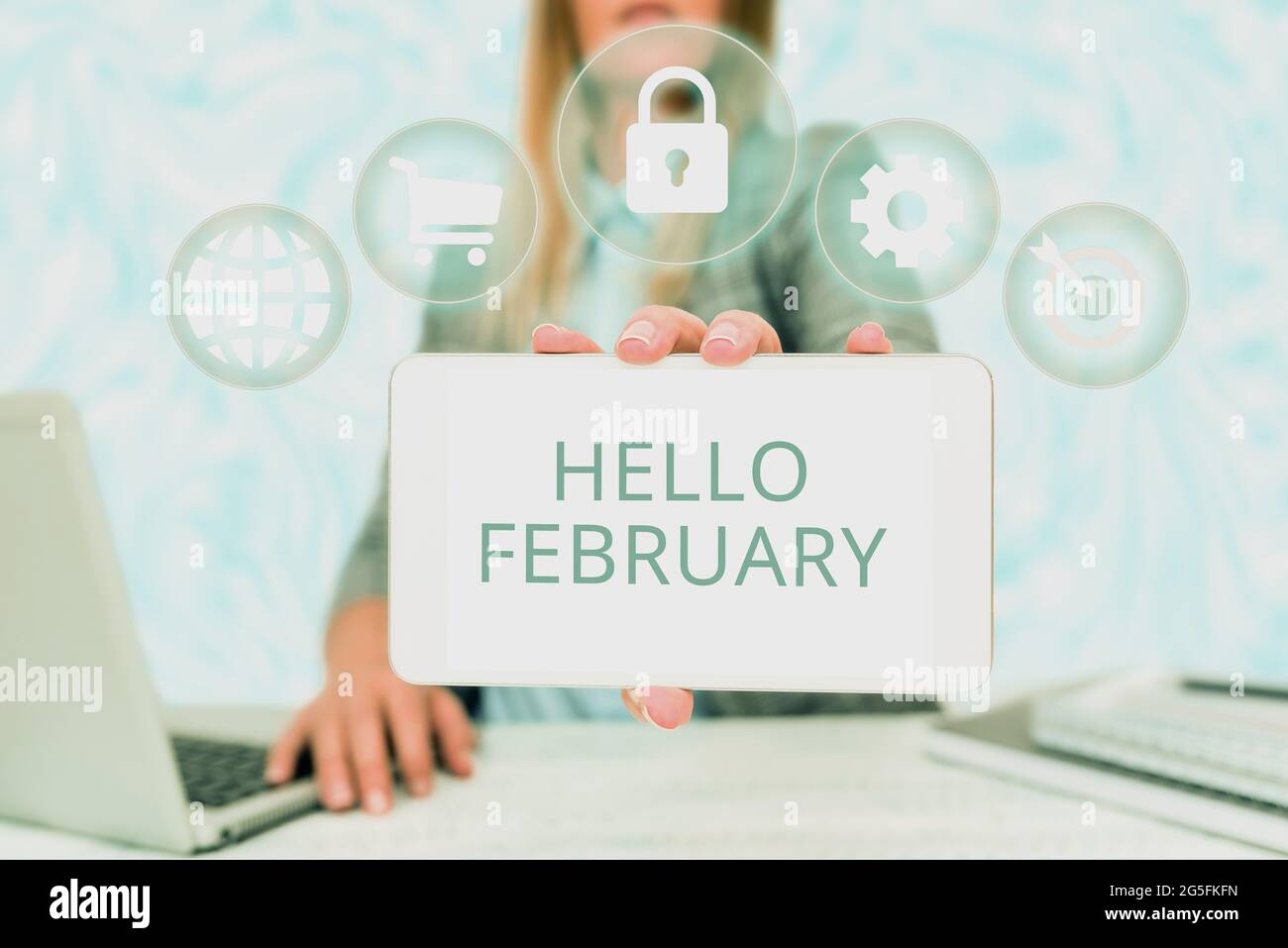 Text caption presenting Hello February. Business concept greeting used ...