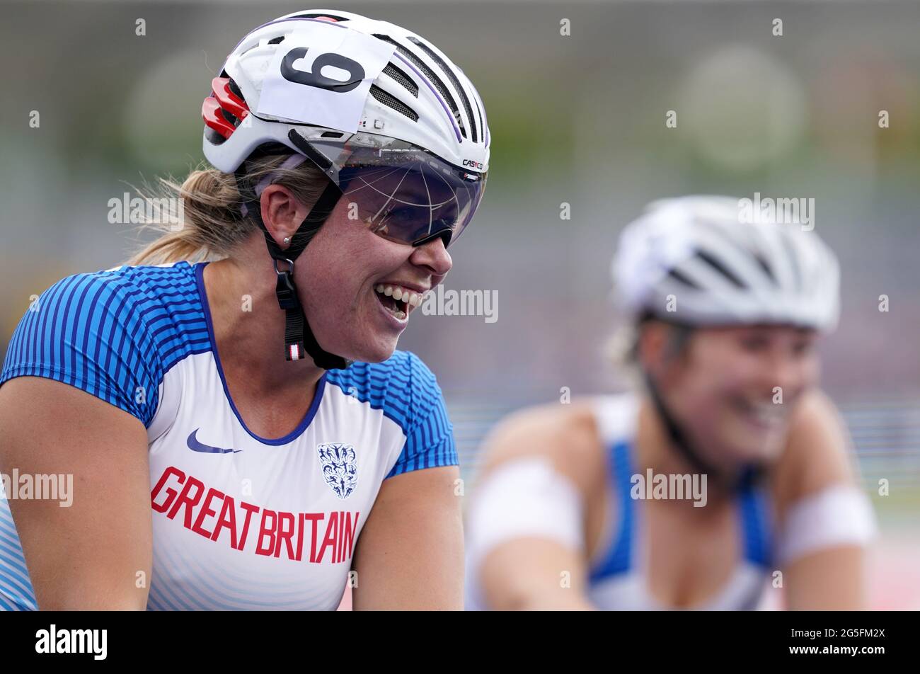 Hannah Cockroft reacts after winning the women's 400m wheelchair race ...