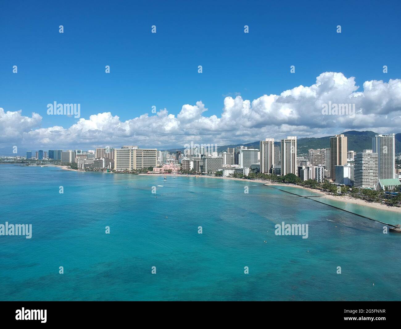 panorama Aerial drone view of Waikiki Beach Honolulu Hawaii USA hotels ...