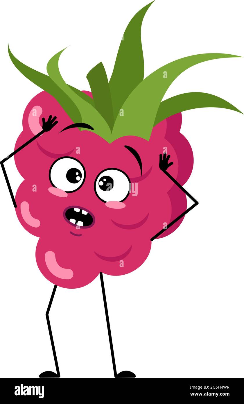 Cute raspberry character with emotions in a panic grabs his head, face ...