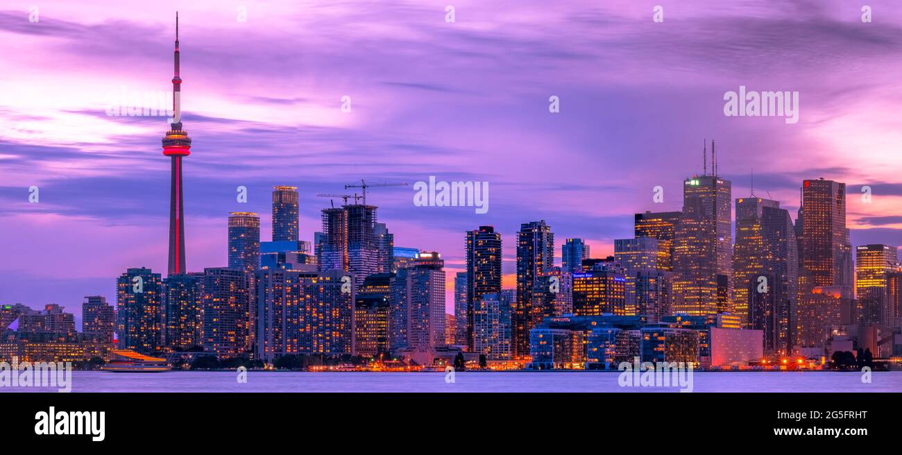 Toronto Skyline during the blue hour sunset overlooking the CN Towers ...