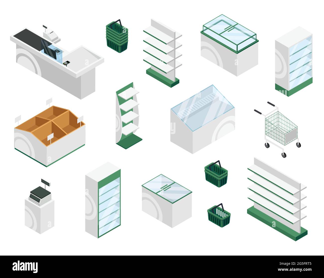 Isometric store furniture. Counter, checkout, shelves, showcase ...