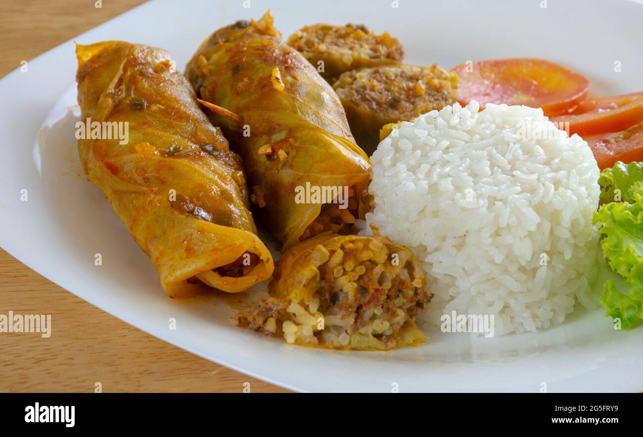 Arabic food. Appetizing cabbage rolls with rice and ground beef Stock ...