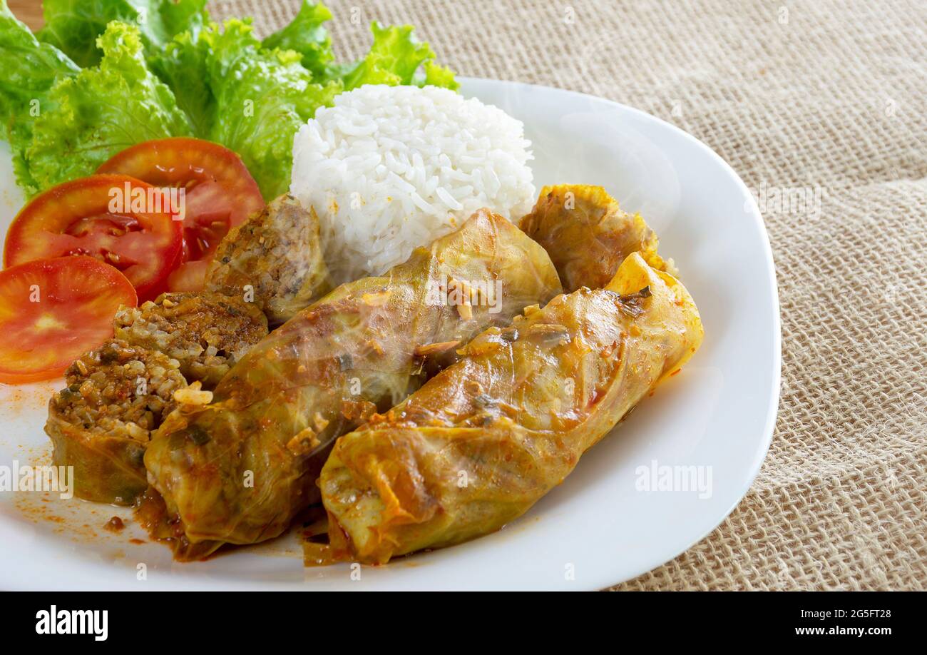 Arabic food. Appetizing cabbage rolls with rice and ground beef Stock ...